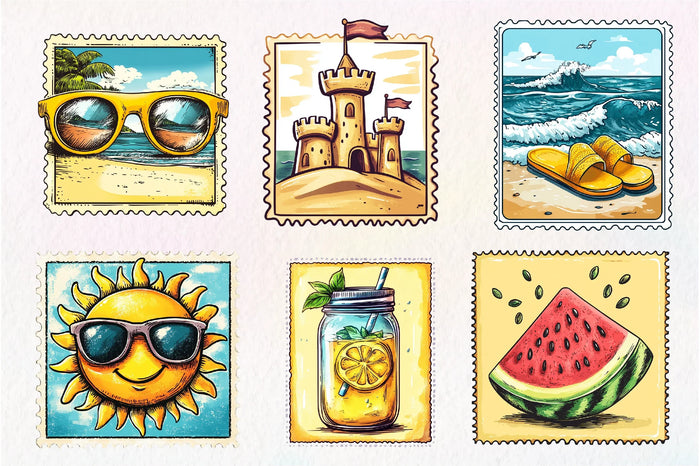 Yellow Summer Postage Stamps Clipart Bundle