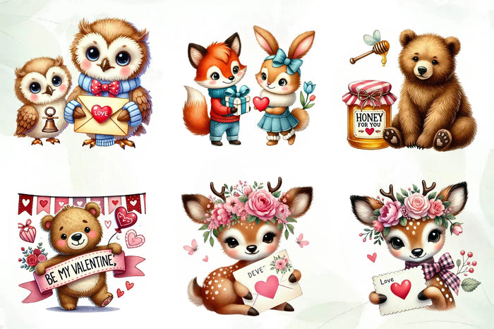 Valentine Woodland Animal Clipart Bundle