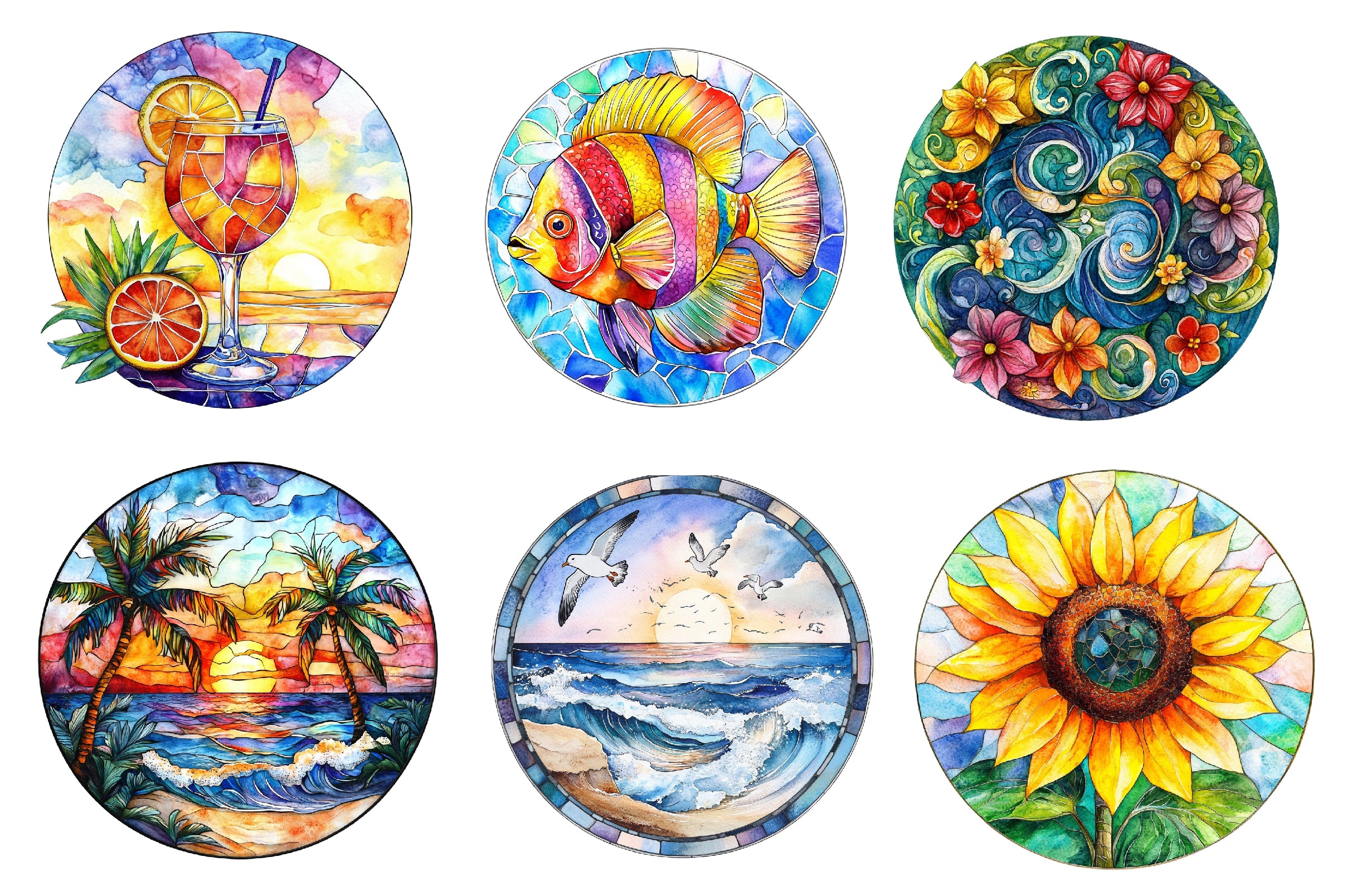 Round Stained Glass Summer Clipart Bundle