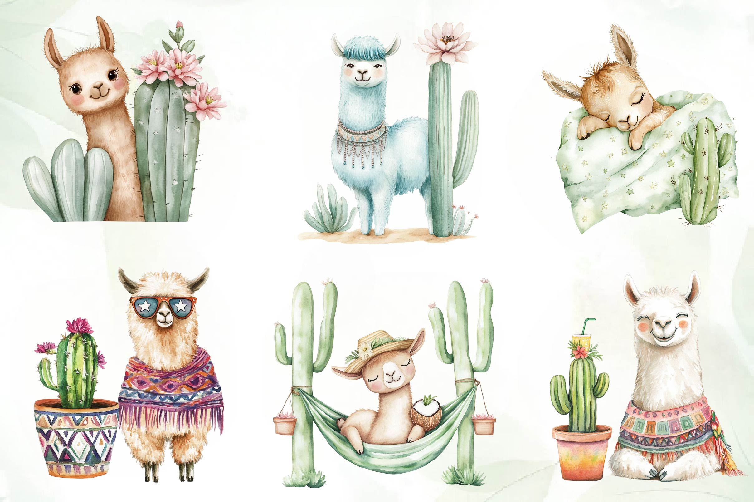 Adorable Summer Llama And Cactus Clipart Bundle
