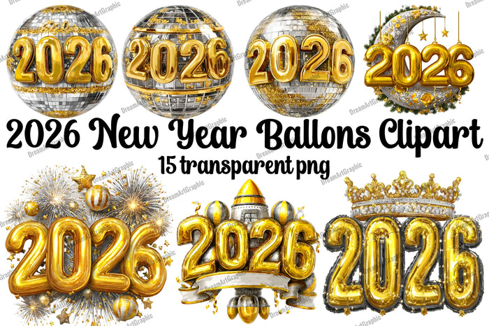 2026 New Year Balloons Clipart Bundle