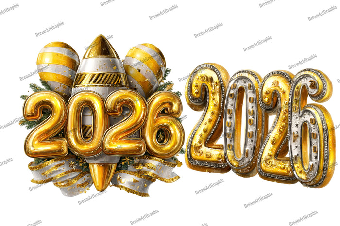 2026 New Year Balloons Clipart Bundle