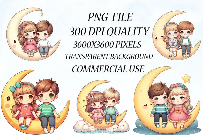 Boy & Girl Moon Clipart Bundle