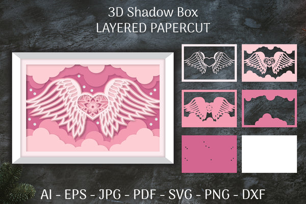 3D Shadow Box Love Angel Wings Layered Papercut SVG Bundle