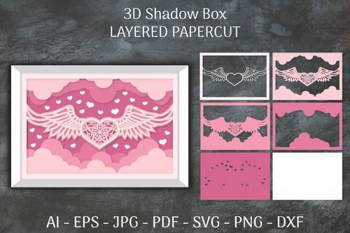 3D Shadow Box Love Angel Wings Layered Papercut SVG Bundle