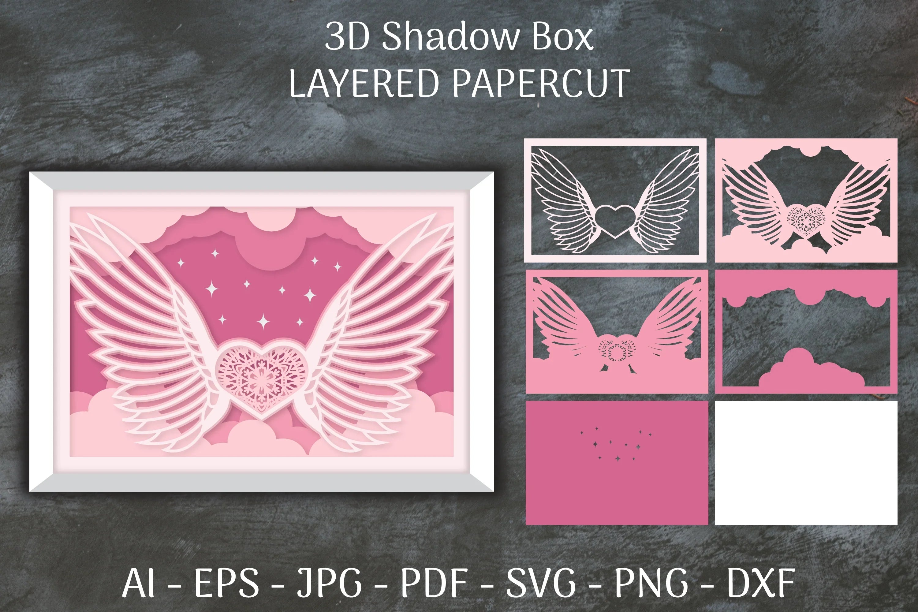 3D Shadow Box Love Angel Wings Layered Papercut SVG Bundle