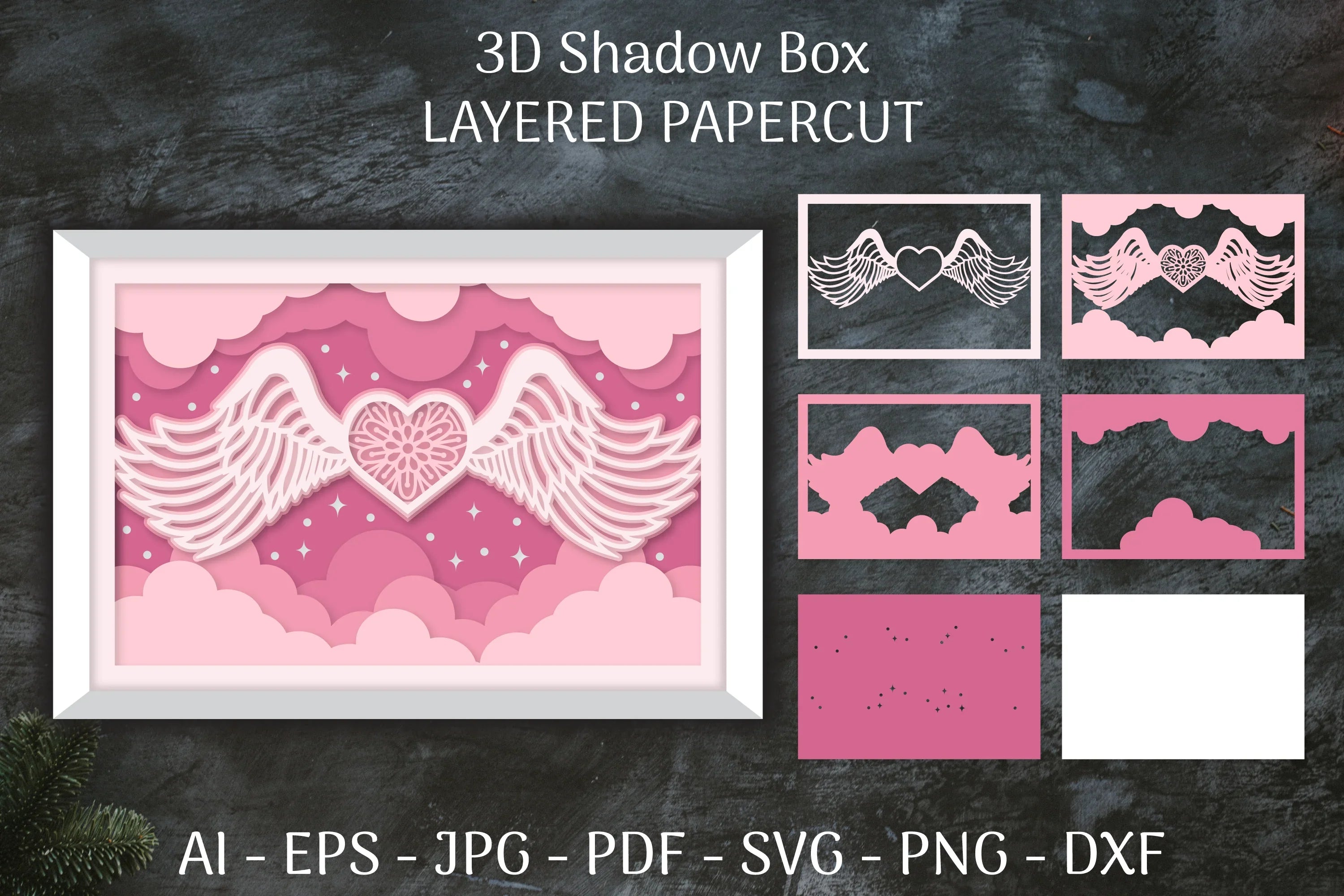 3D Shadow Box Love Angel Wings Layered Papercut SVG Bundle