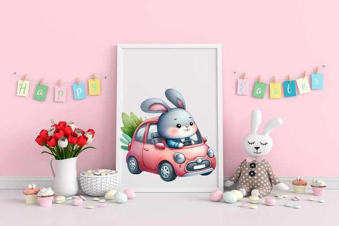 Cute Bunny Racing Car Clipart Bundle
