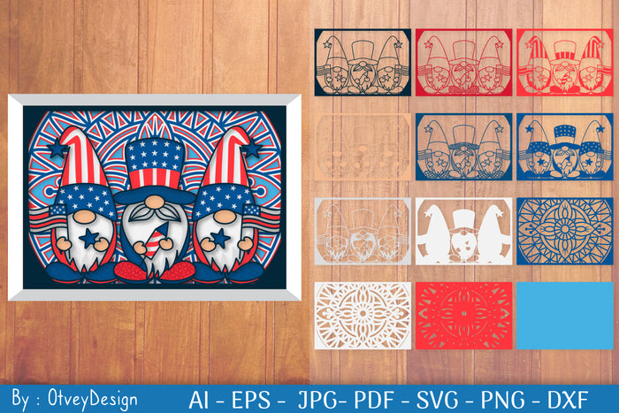 4th of July Patriotic Gnome Shadow Box SVG Bundle
