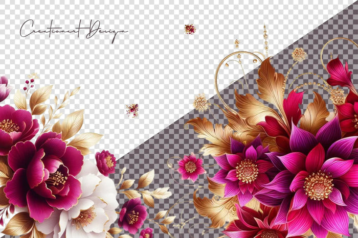 Magenta And Gold Floral Clipart Bundle