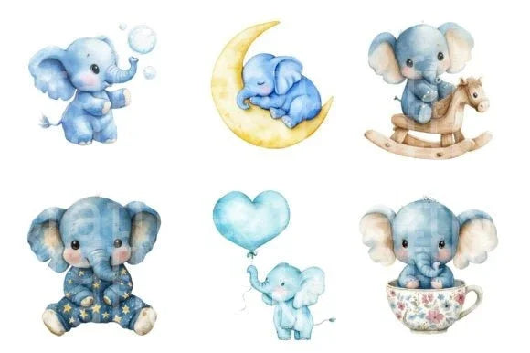 Blue Baby Elephant Clipart Bundle