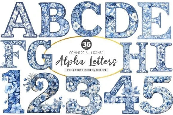 Blue Chinoiserie Alpha Letters Clipart Bundle