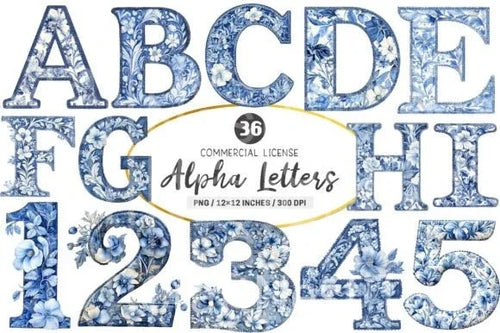 Blue Chinoiserie Alpha Letters Clipart Bundle
