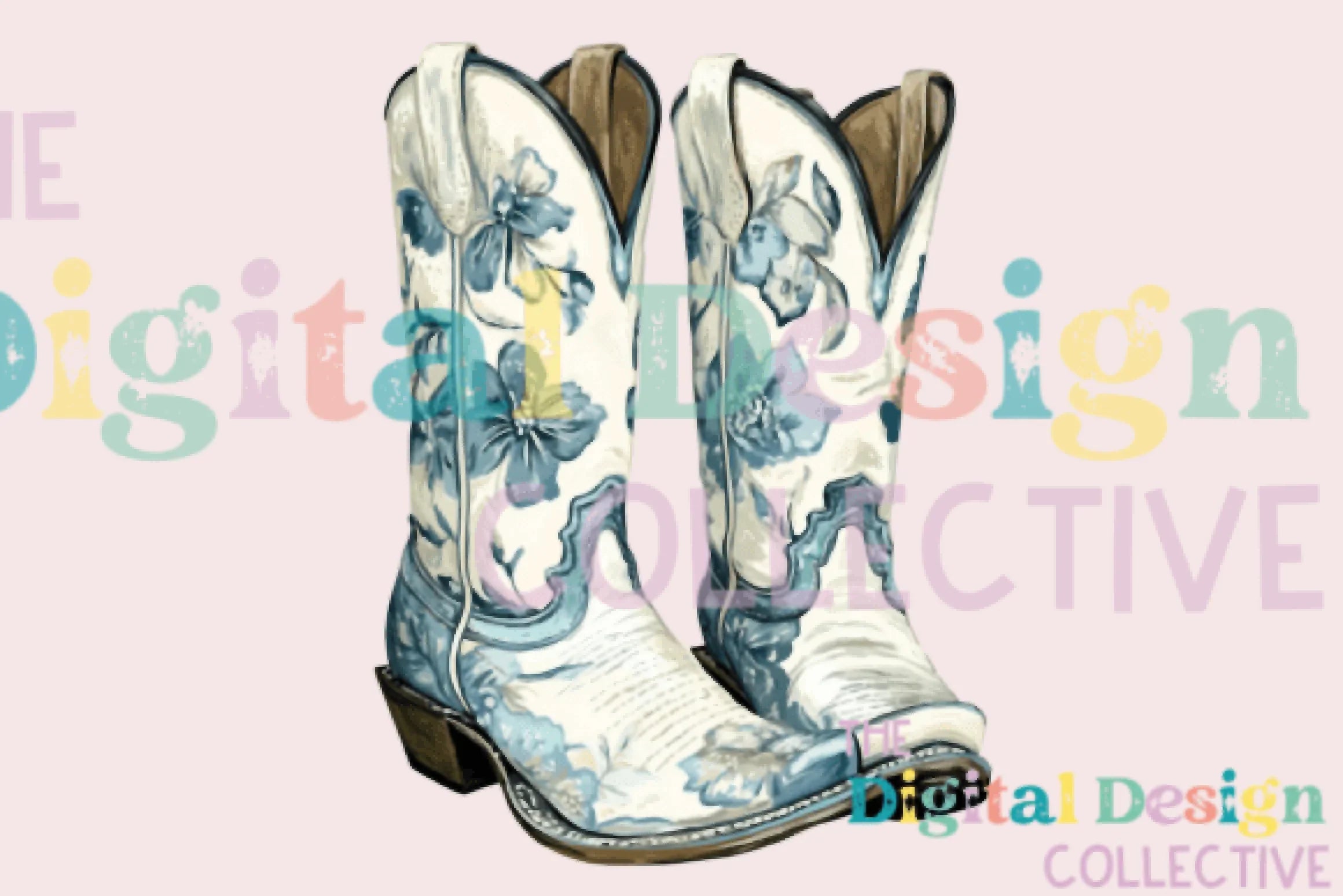 Blue Floral Cowgirl Boot Clipart Bundle