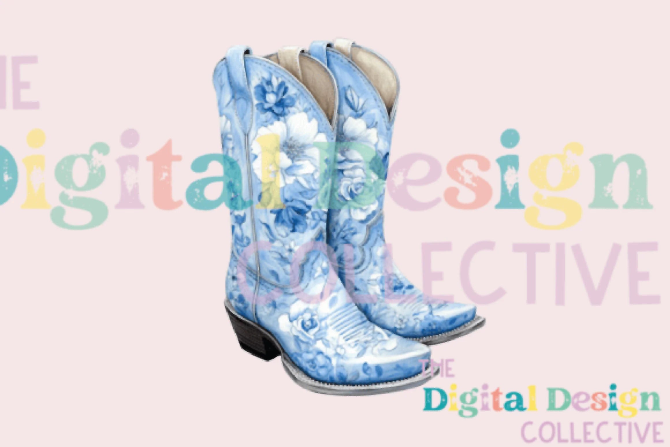 Blue Floral Cowgirl Boot Clipart Bundle
