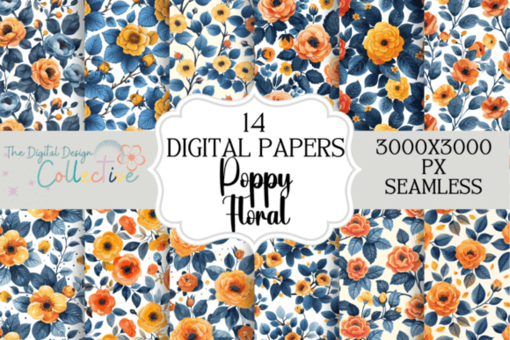 Boho Floral Poppy Seamless Digital Paper Design