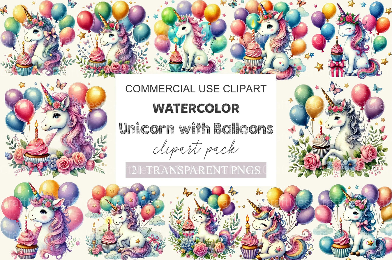 Colorful Baby Unicorn With Balloons Clipart Bundle