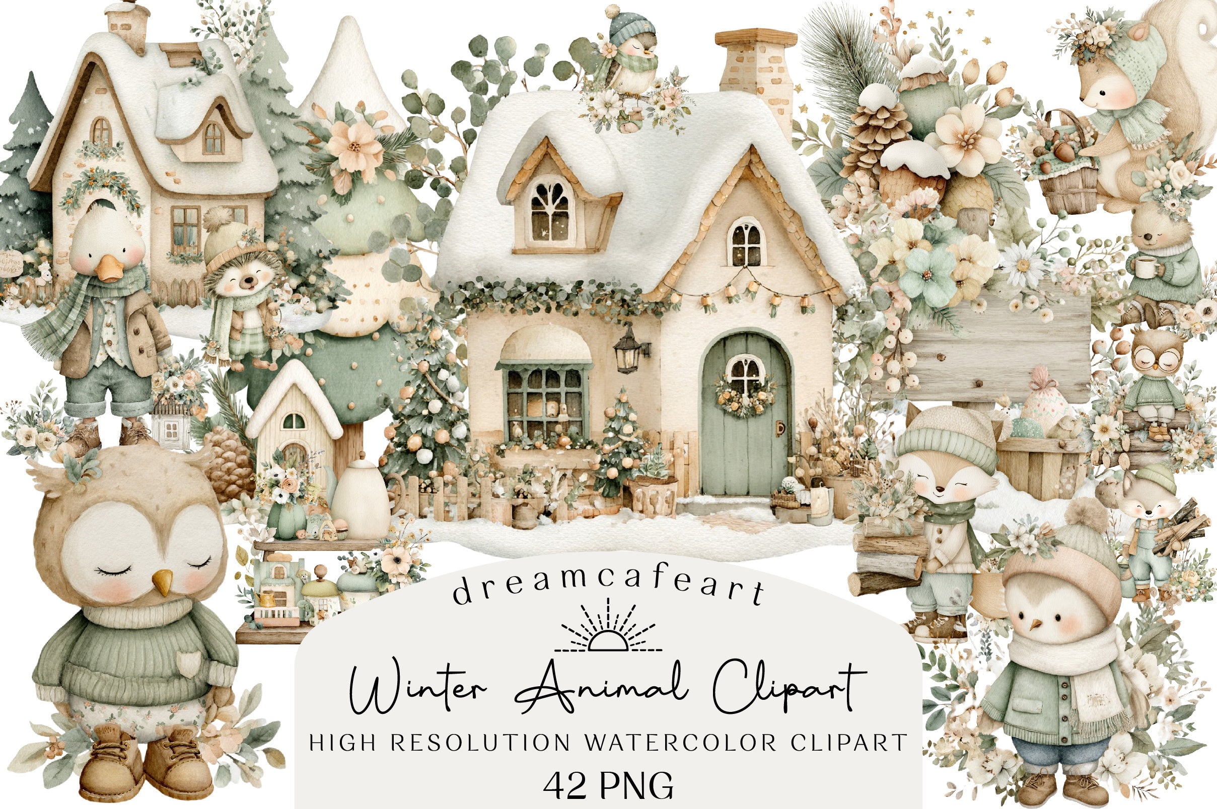 Cozy Cottagecore Winter Animal Clipart Bundle