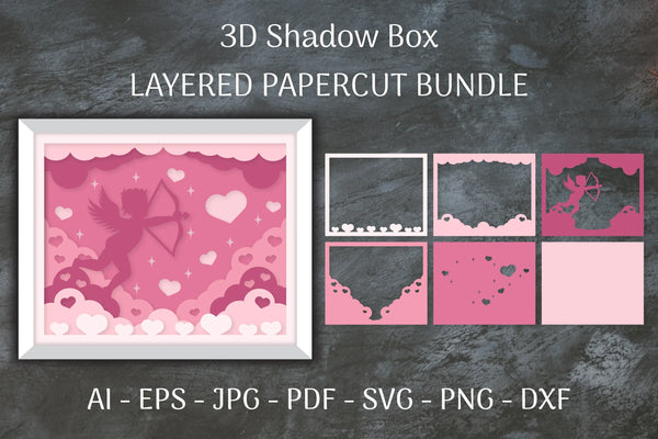 Cupid Love 3D Shadow Box Layered Papercut SVG Bundle