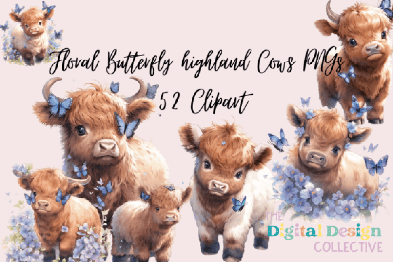 Floral Butterfly Highland Cows Clipart Bundle