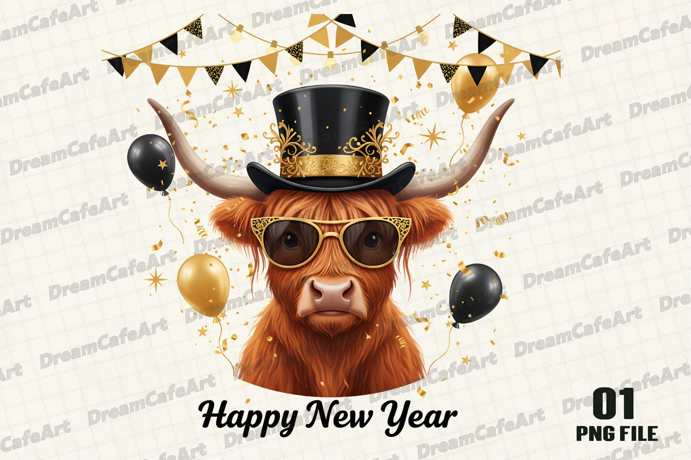 Happy New Year Highland Cow Clipart Bundle