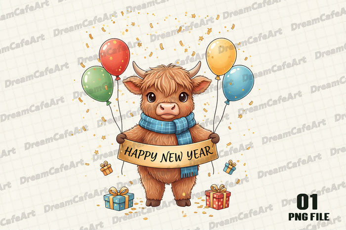 Happy New Year Highland Cow Clipart Bundle