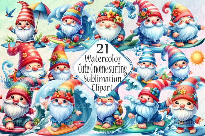 Cute Gnome Surfing Clipart Bundle