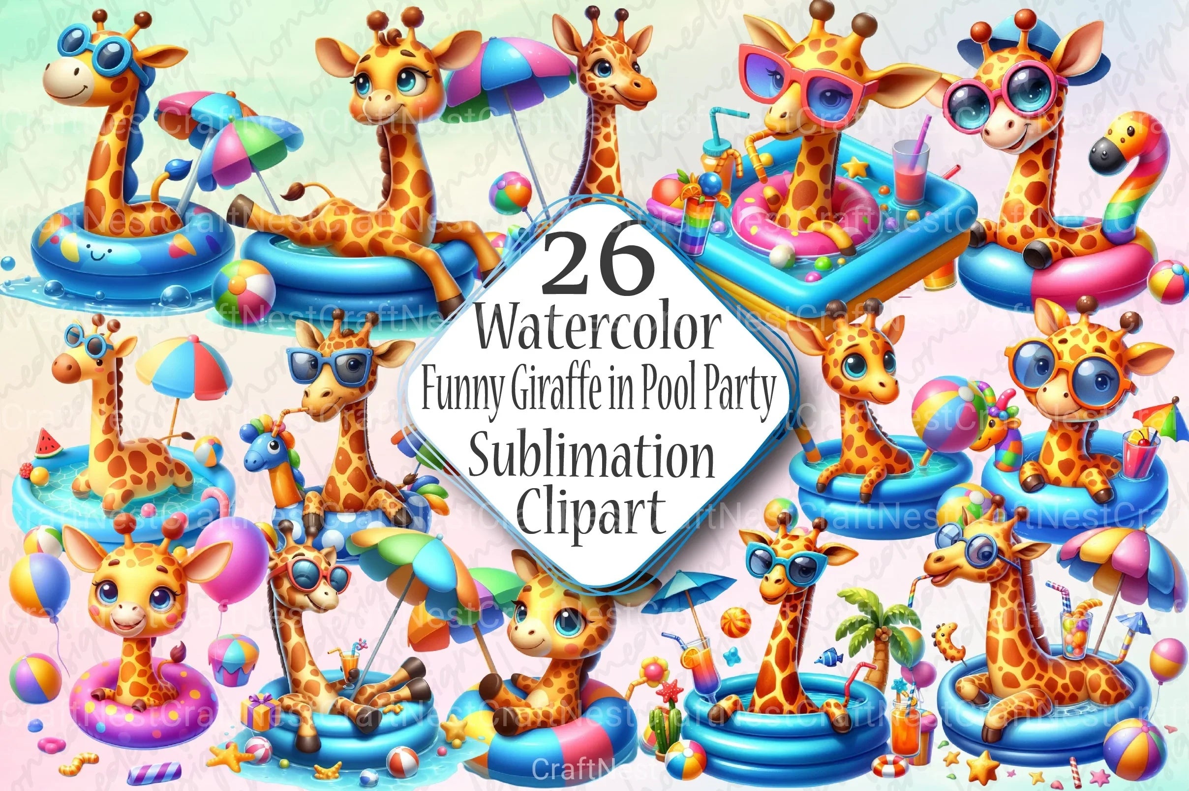 Funny Giraffe Pool Party Clipart Bundle