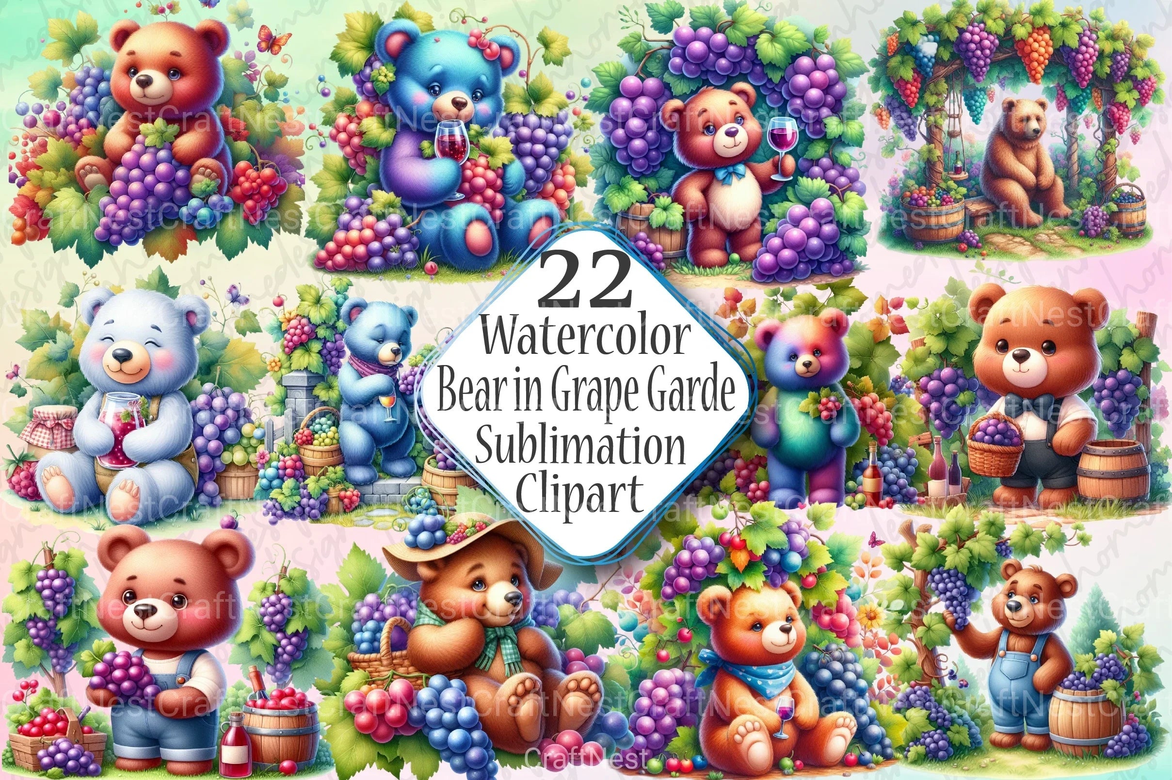 Bear in Grape Garden Clipart Bundle