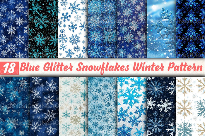 Blue Glitter Snowflakes Winter Pattern Clipart Bundle