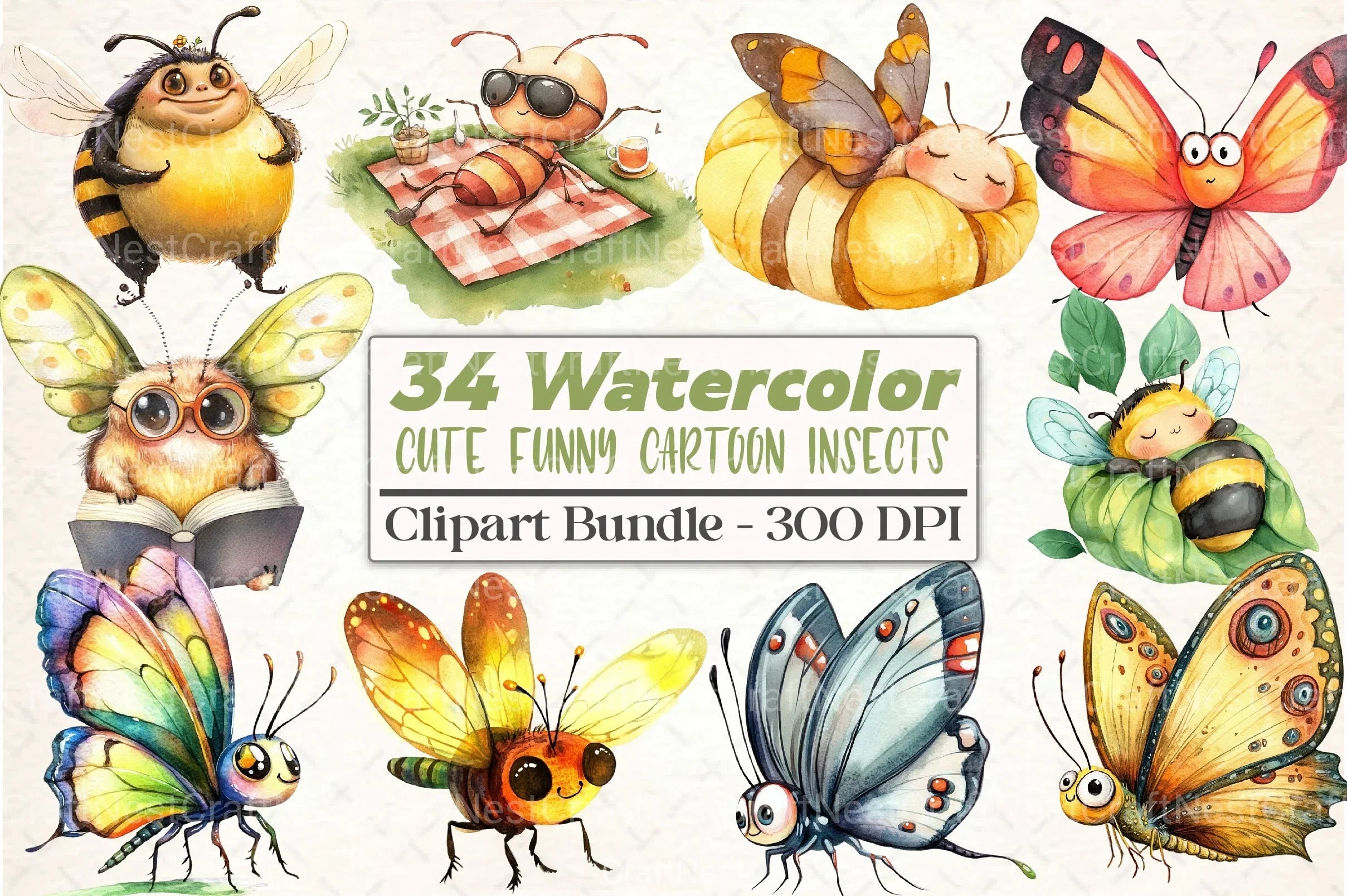 Cute Funny Cartoon Insects Clipart Bundle