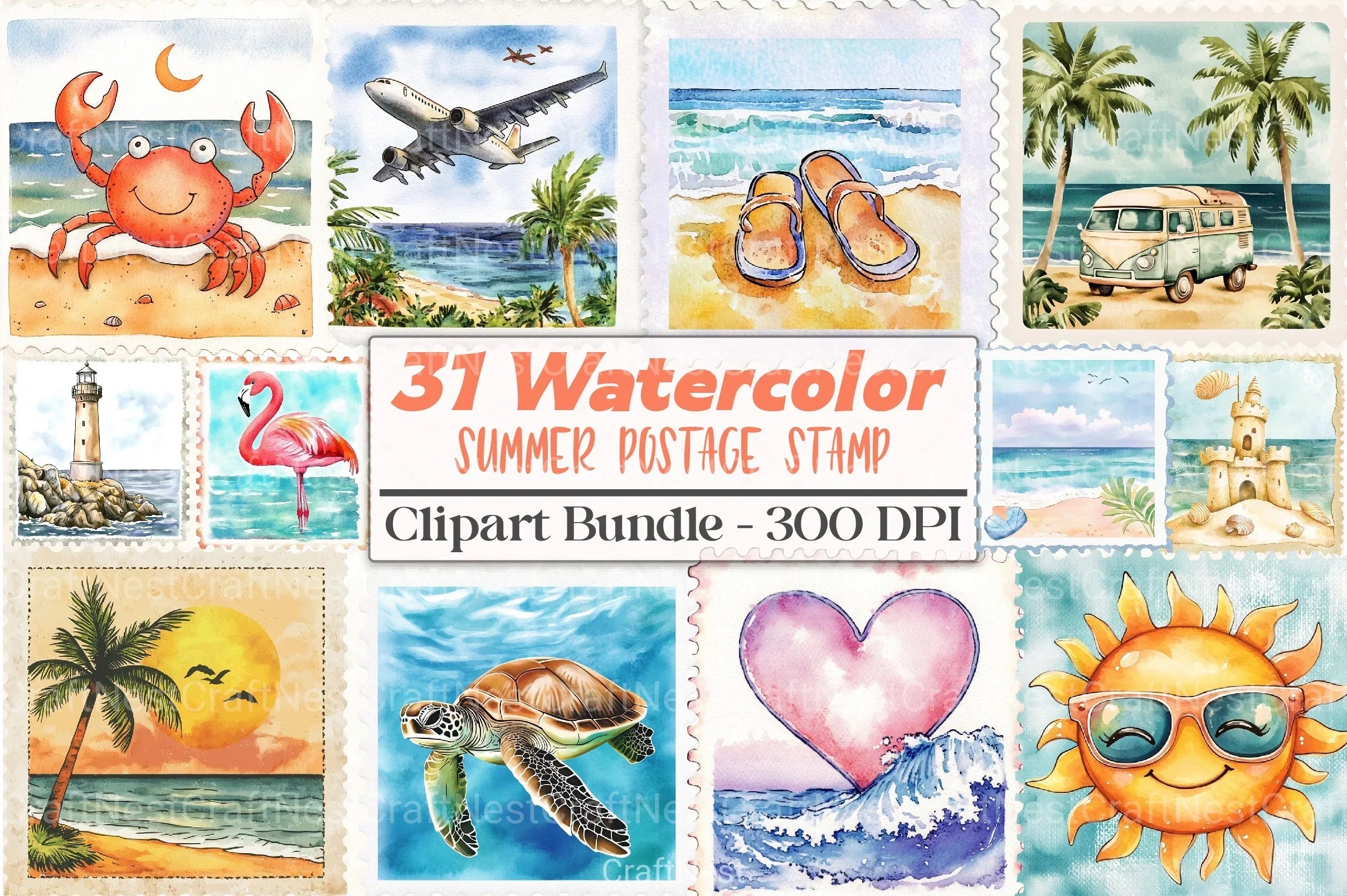 Summer Postage Stamp Clipart Bundle