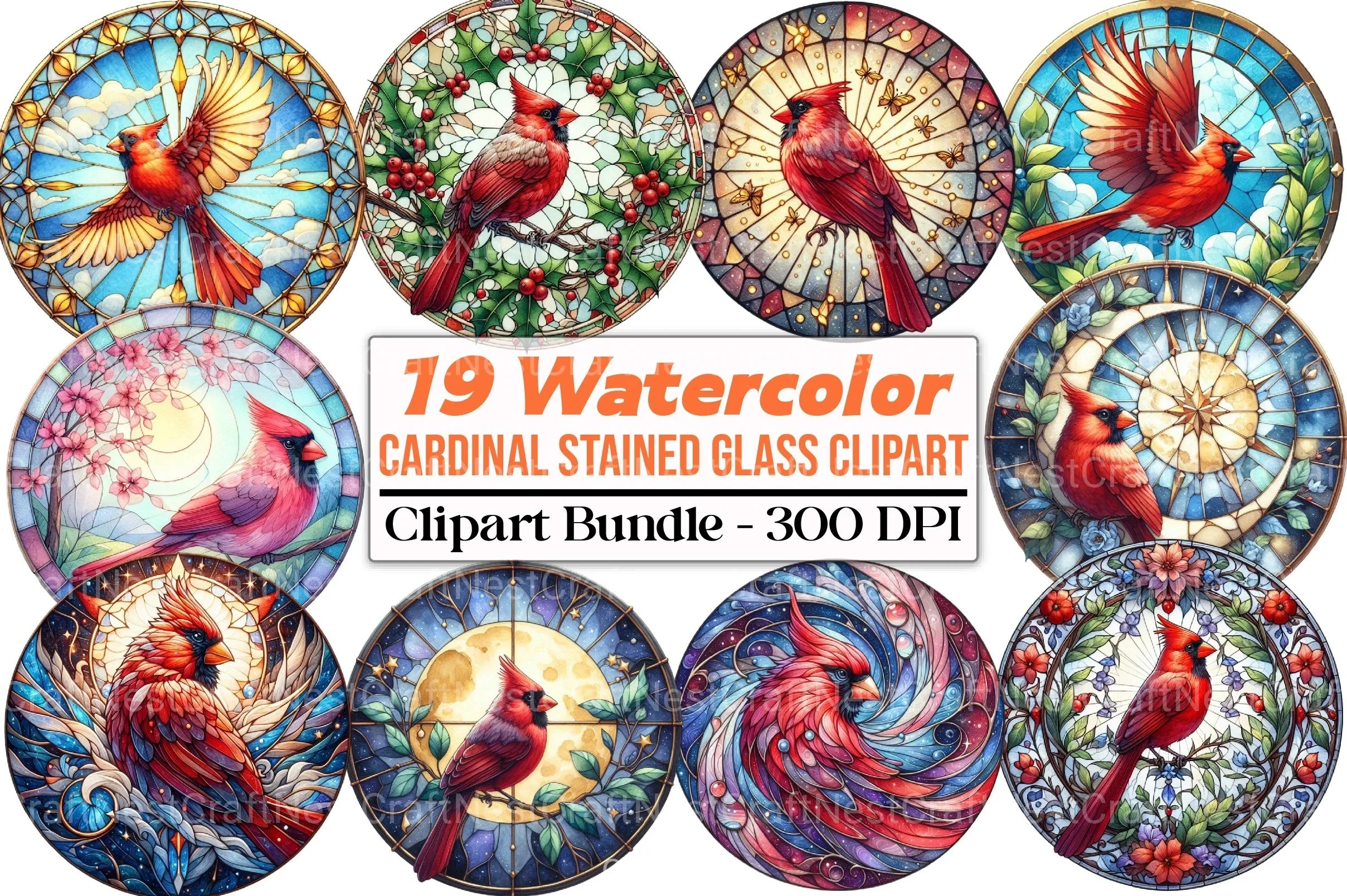 Round Cardinal Stained Glass Clipart Bundle