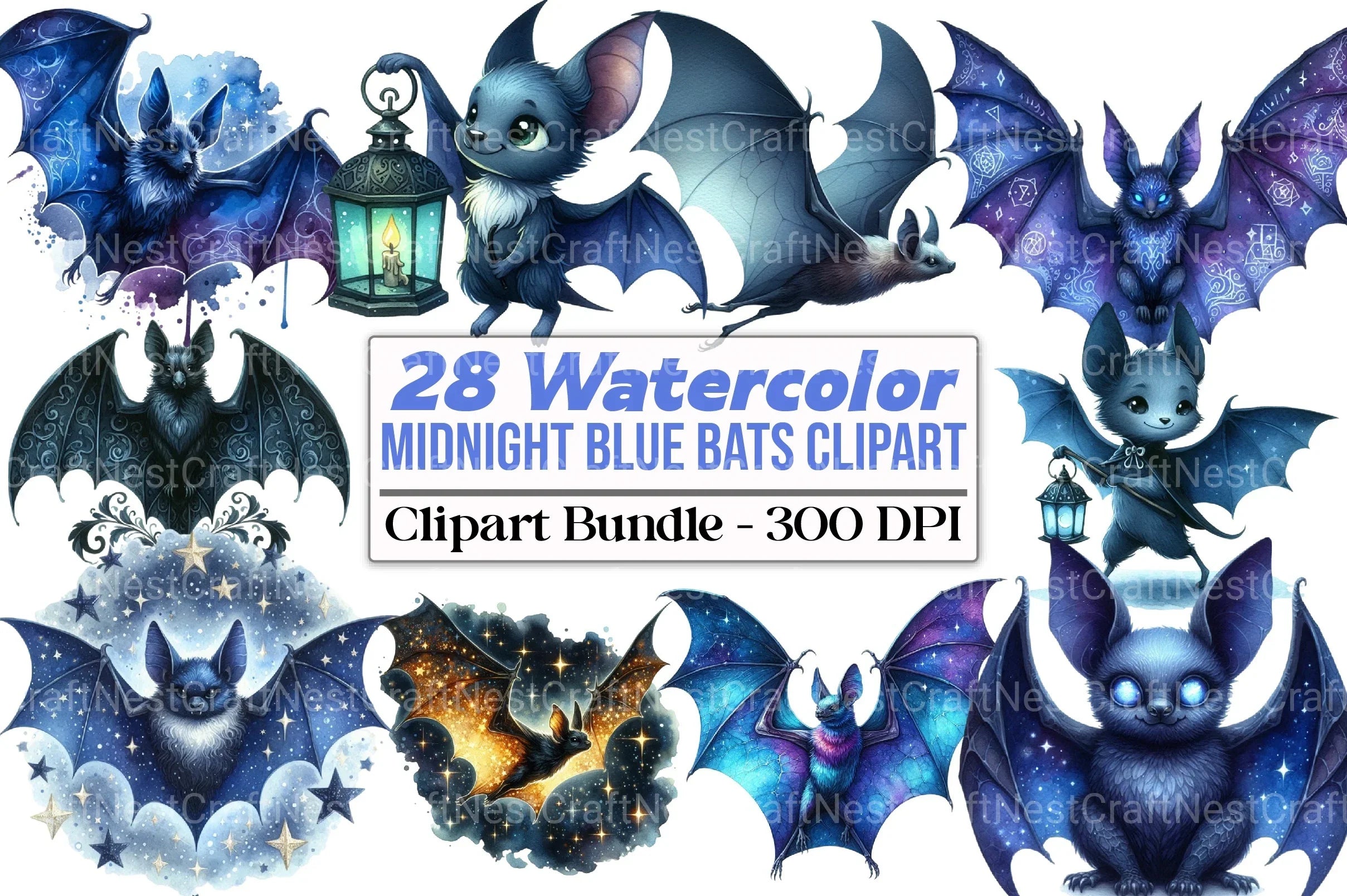 Midnight Blue Bats Clipart Bundle