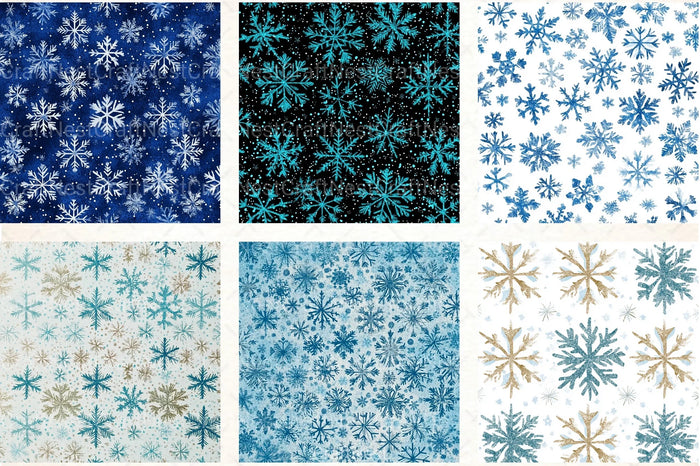 Blue Glitter Snowflakes Winter Pattern Clipart Bundle