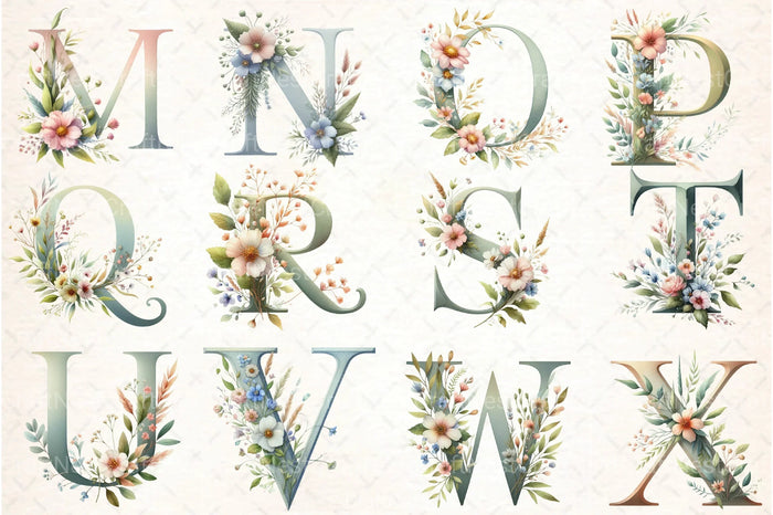 Floral Alphabet Letters Clipart Bundle