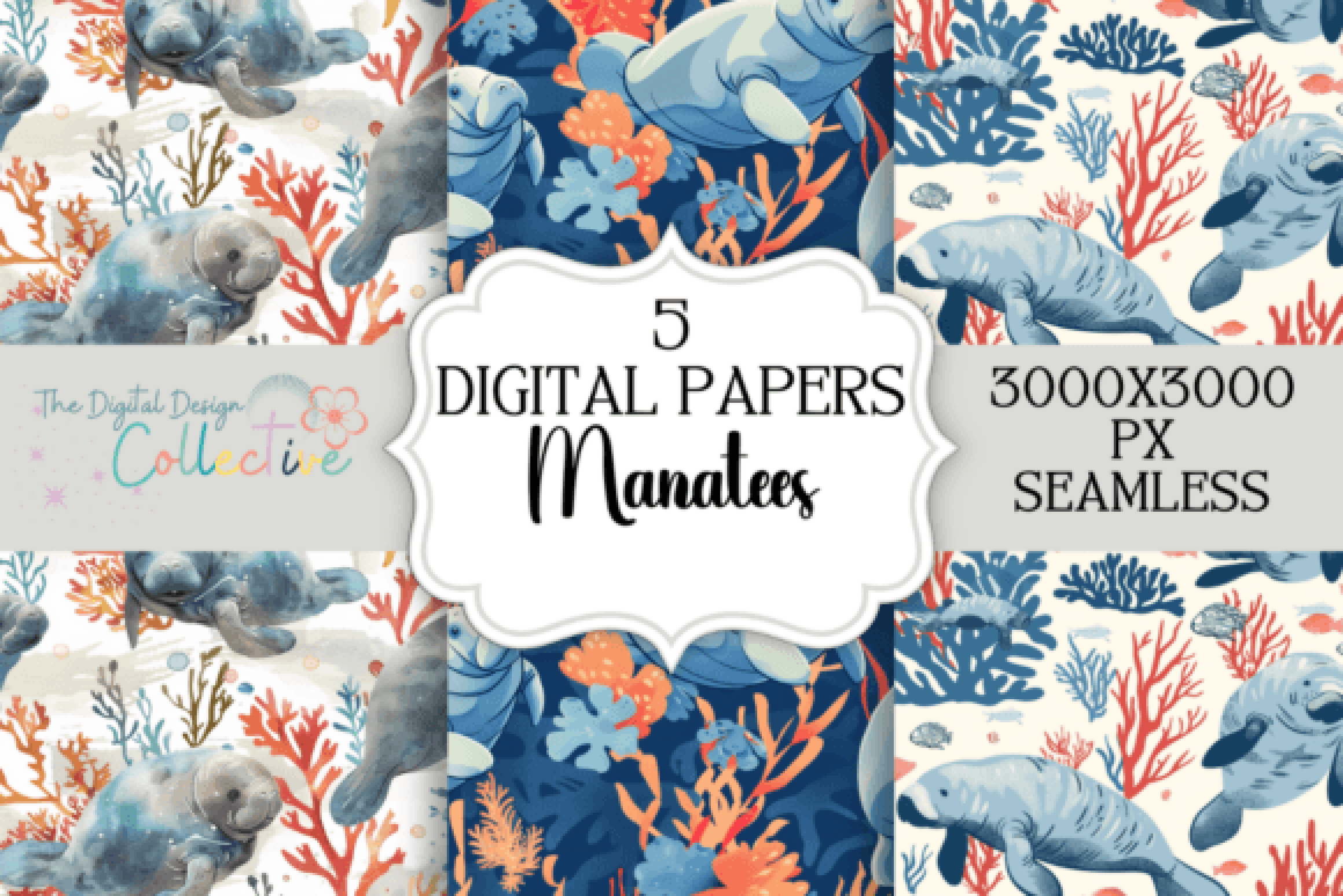 Manatee Seamless Underwater Patterns Collection