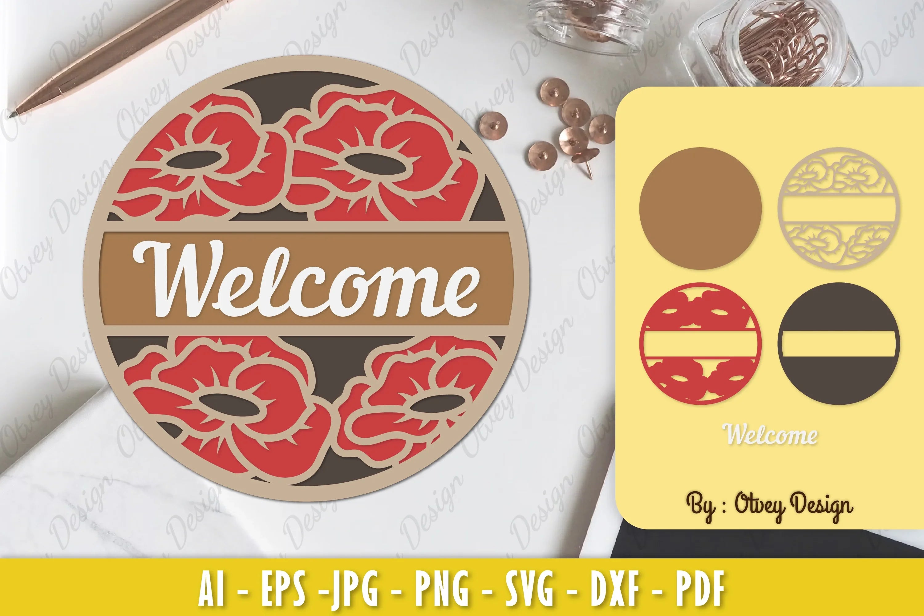 Poppy Flower Welcome Sign Layered Lasercut SVG Bundle