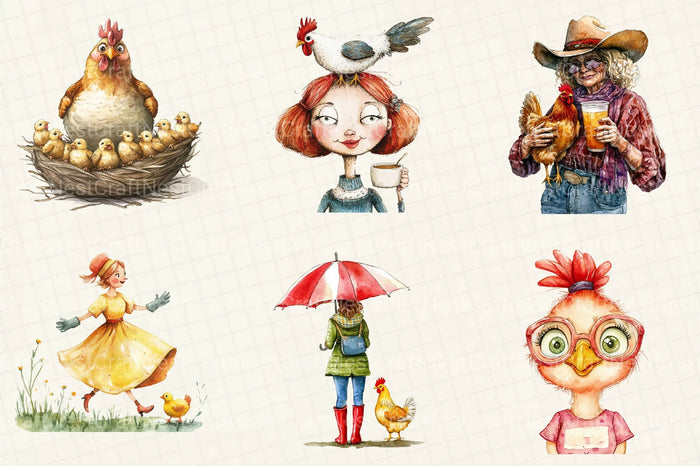 Crazy Chicken Lady Clipart Bundle