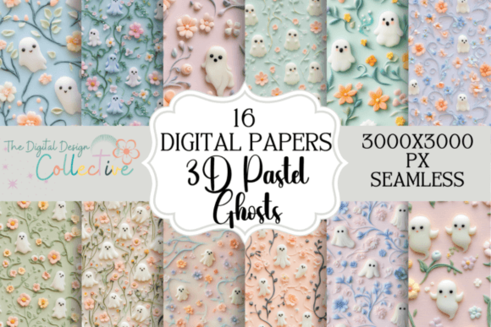 Pastel 3D Halloween Ghosts Seamless Digital Paper