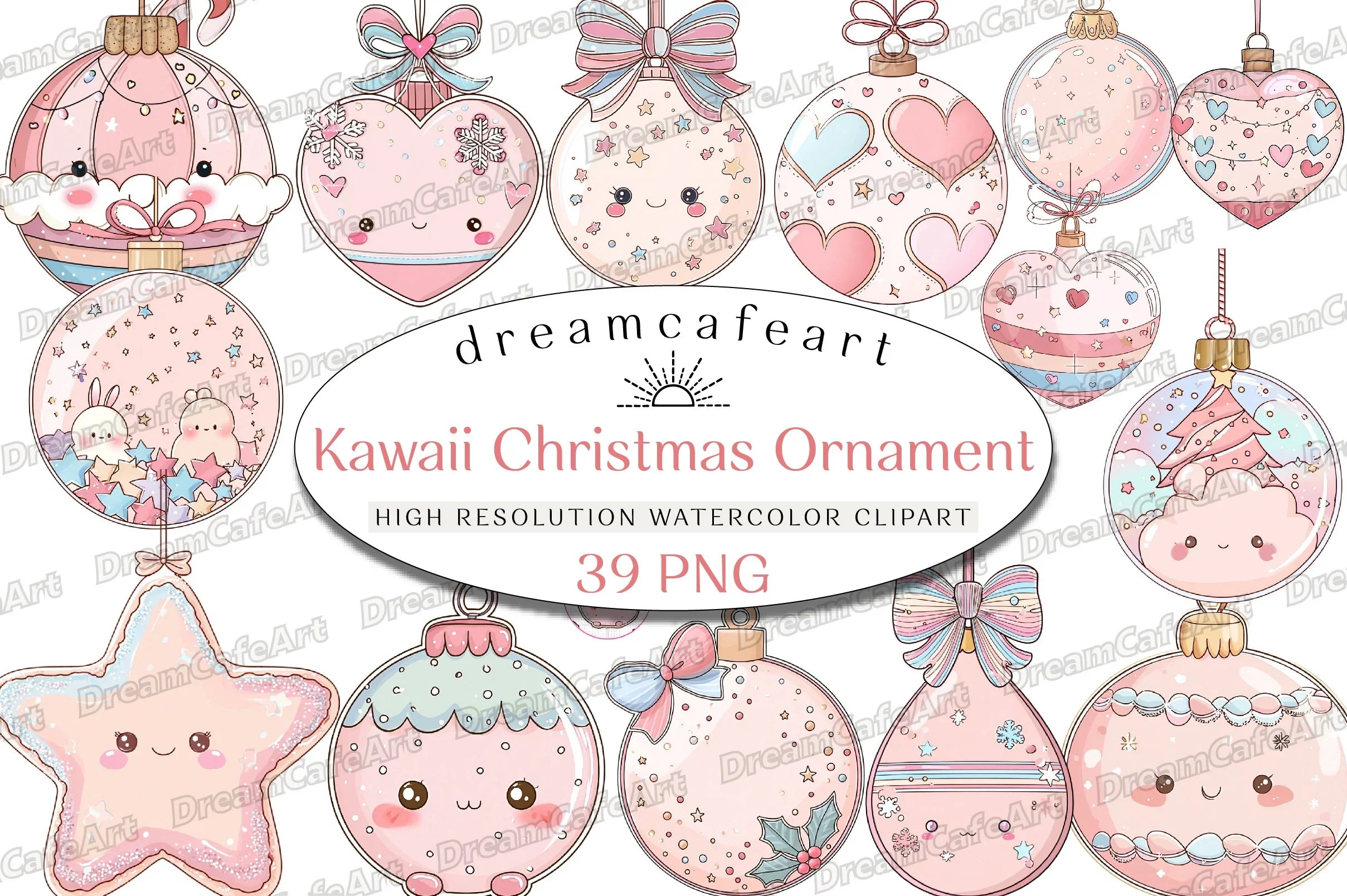 Pastel Kawaii Christmas Ornament Clipart Bundle