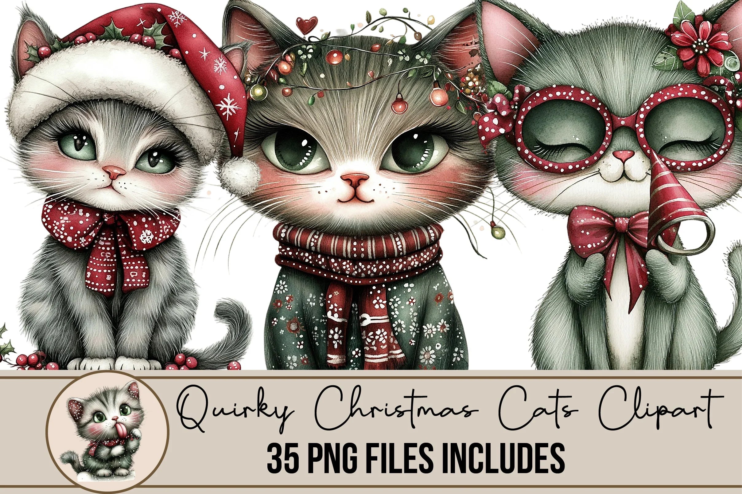 Quirky Christmas Cats Clipart Bundle