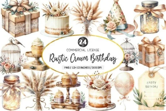 Rustic Cream Birthday Clipart Bundle