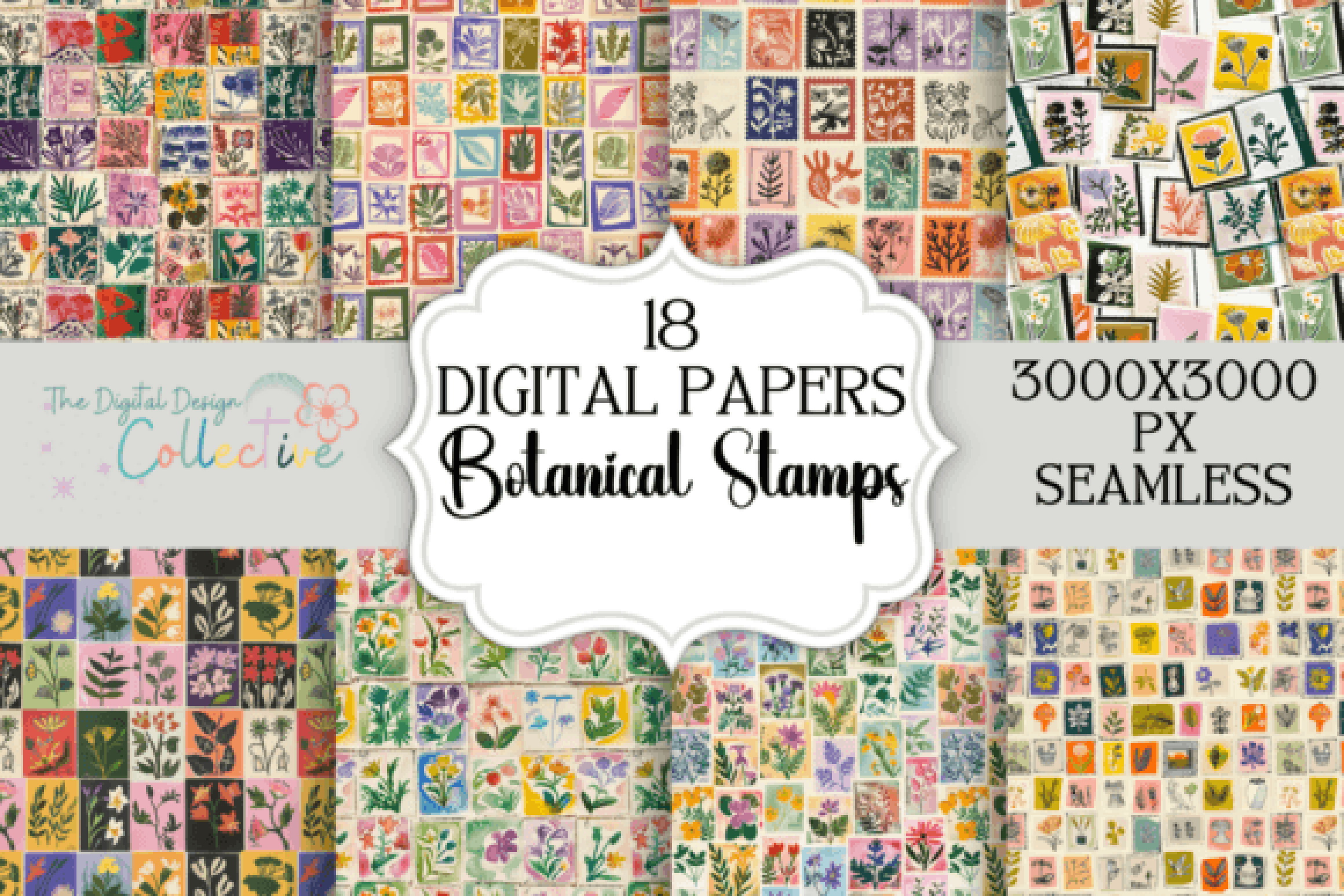 Seamless Botanical Stamps Digital Paper