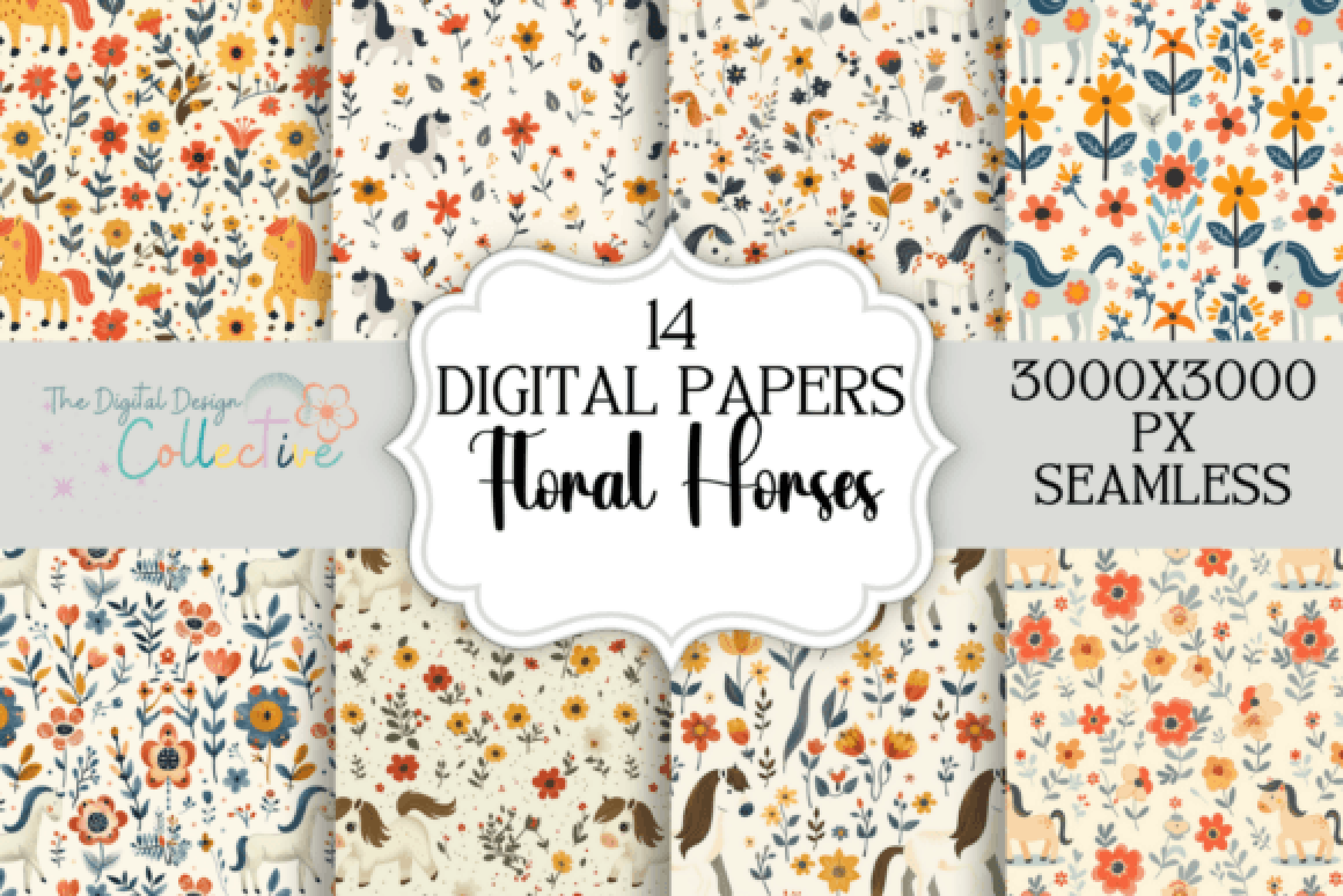 Seamless Floral Horses Digital Paper