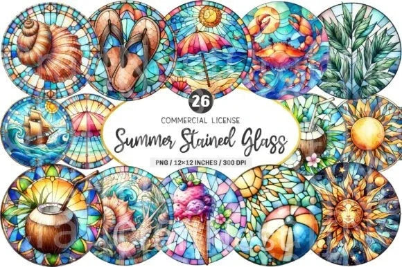 Summer Stained Glass Clipart Bundle
