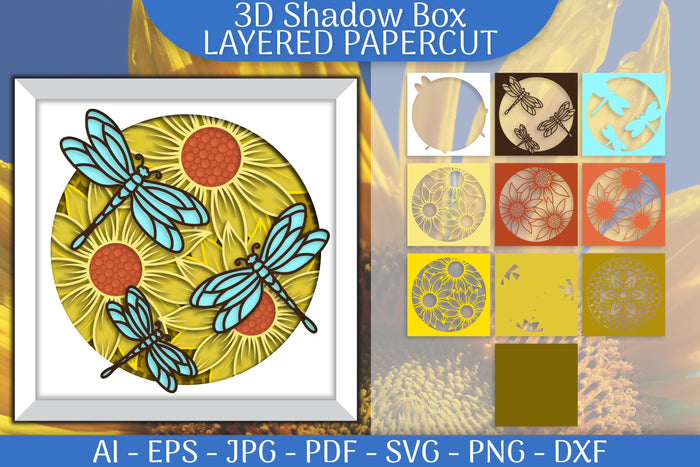 Sunflower Dragonfly 3D Shadowbox Papercut SVG Bundle