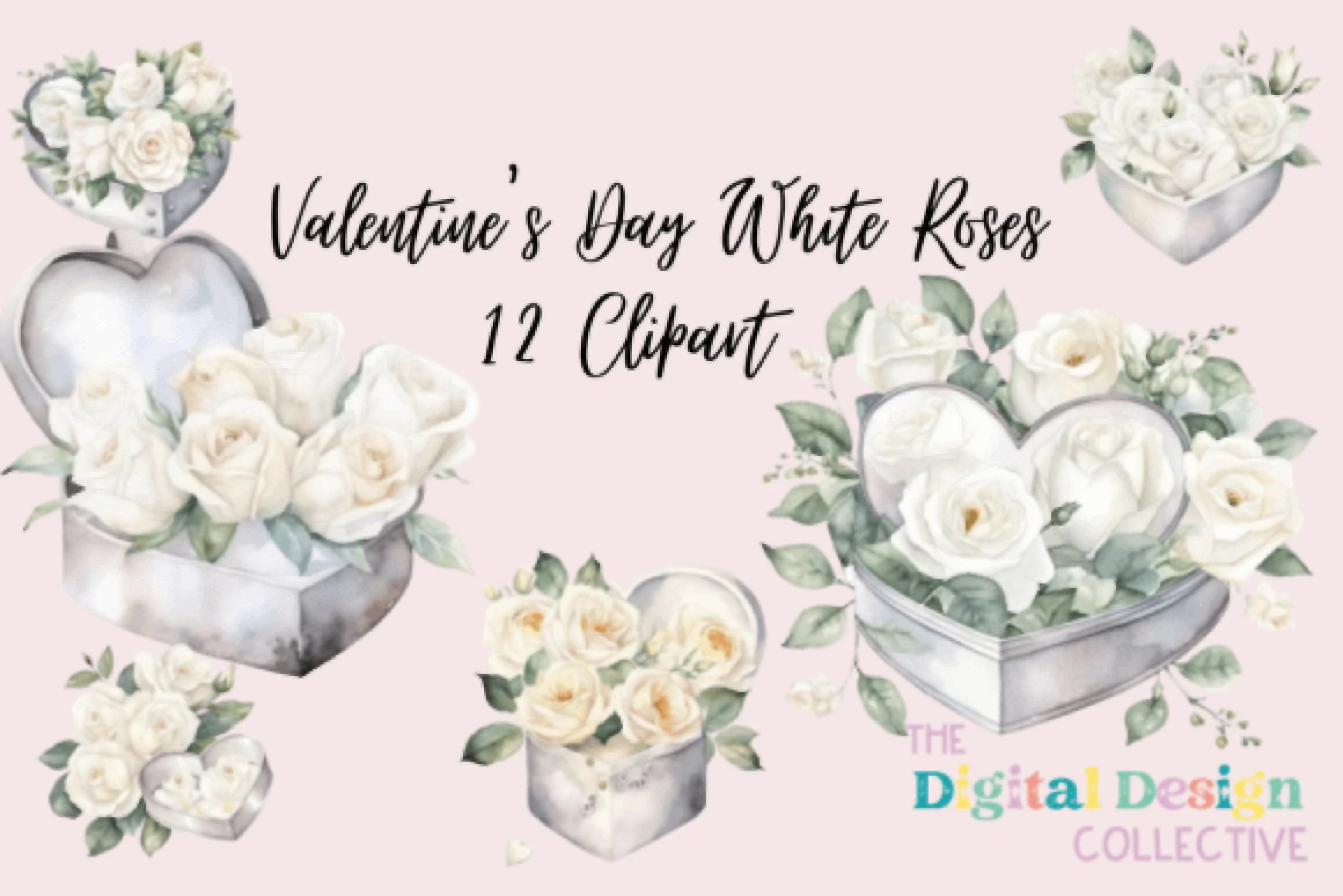 Elegant Valentine's Day White Rose Arrangements Clipart Bundle