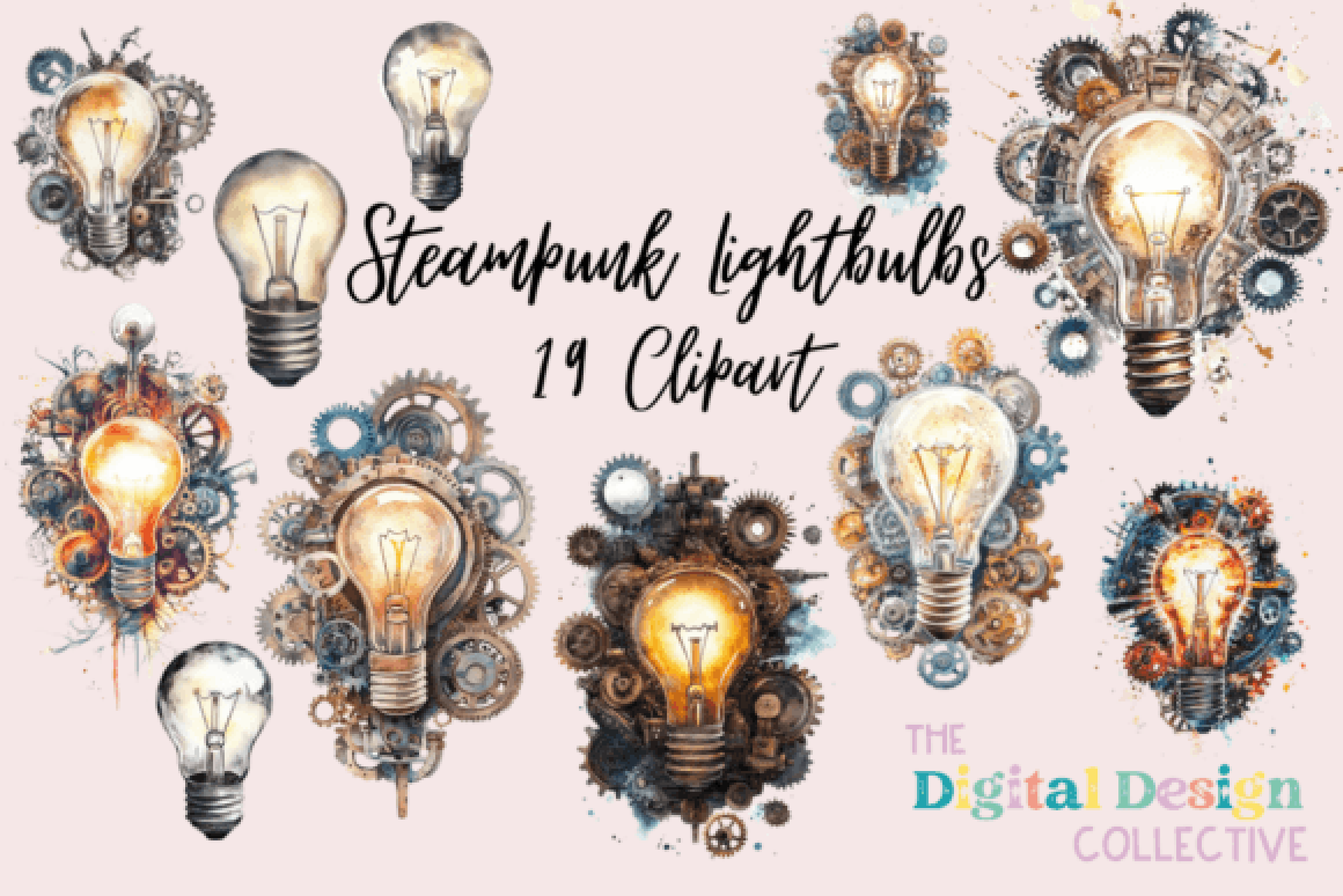 Steampunk Light Bulbs Design Collection Clipart Bundle