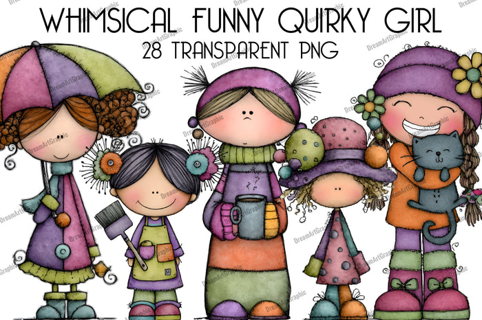 Whimsical Funny Quirky Girl Clipart Bundle